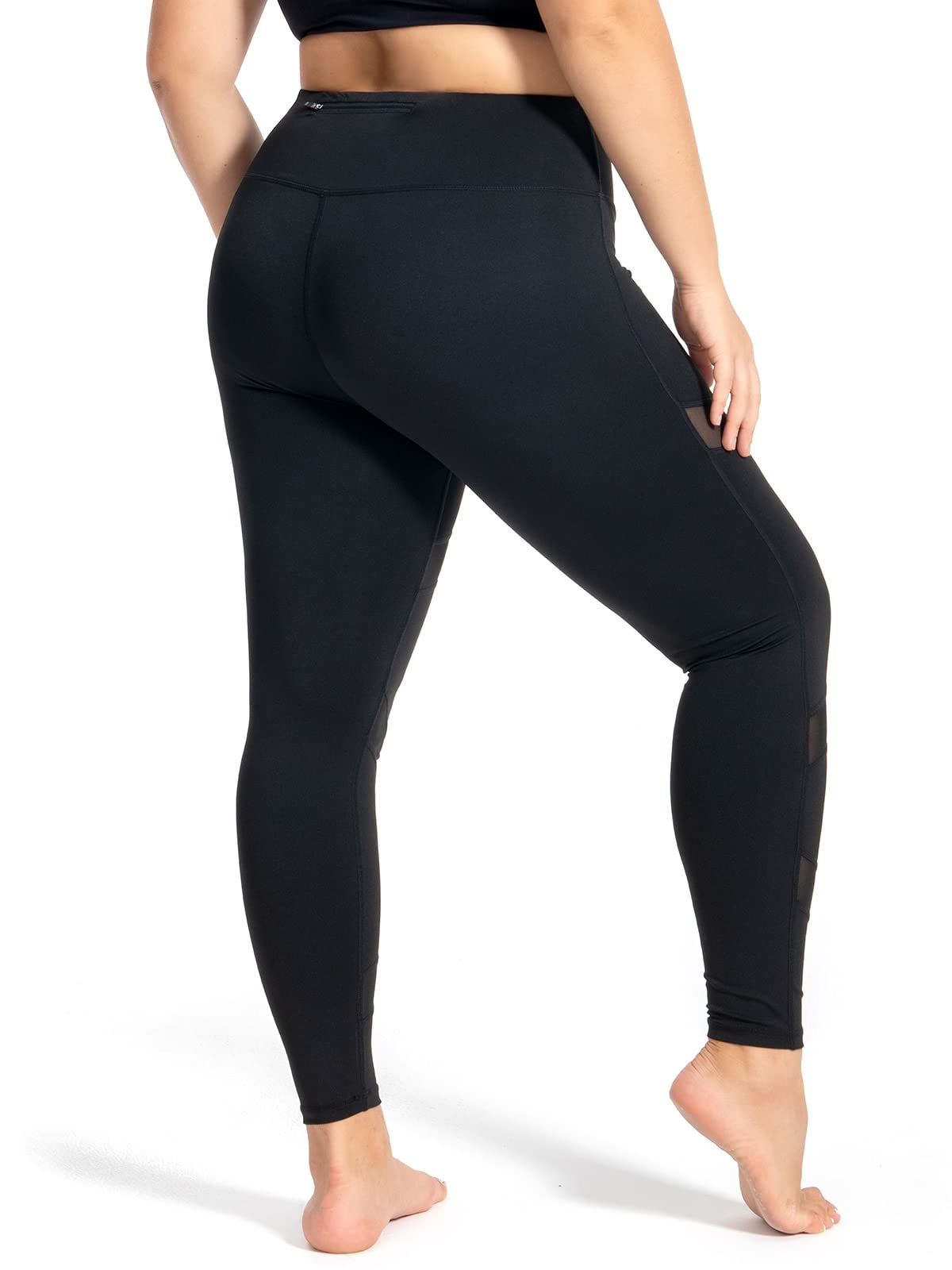 MEJING Plus Size Yoga Pants with Pockets, L-5X Mesh Workout Leggings for Women, High Waisted Tummy Control Activewear Black L