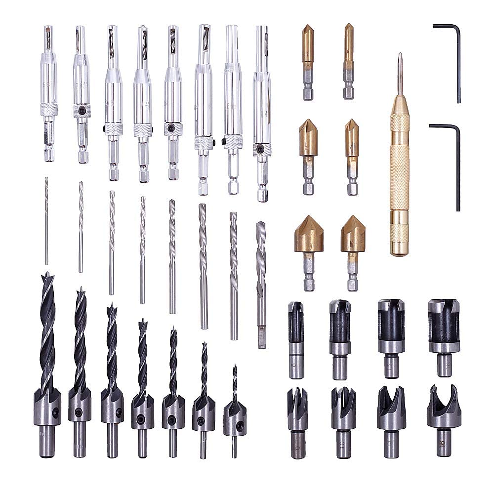 Rswilwy 40 Pack Woodworking Chamfer Drilling Tool, 6Pcs Countersink Drill Bits, 7Pcs Countersink Drill Bit, 8Pcs Wood Plug Cutter, 1Pcs Center Punch, 8Pcs Core Drill Bit Set & 8 Replacement Drill Bit