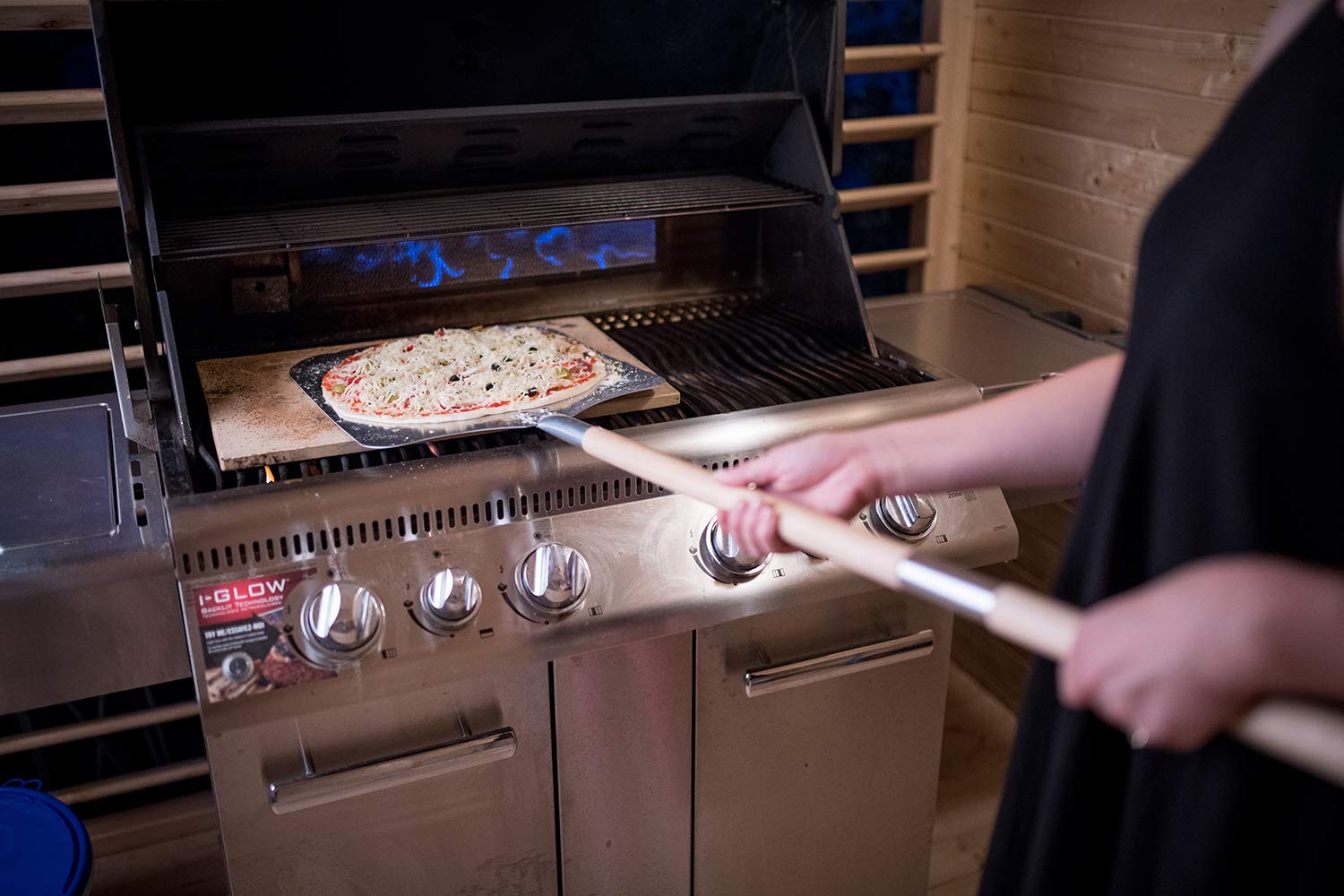 Perforated Pizza Peel, Professional 12 x 14 Inch Paddle Anodized Aluminum Turning Peel with detachable wood handle for Home Made Pizza By Q's INN.