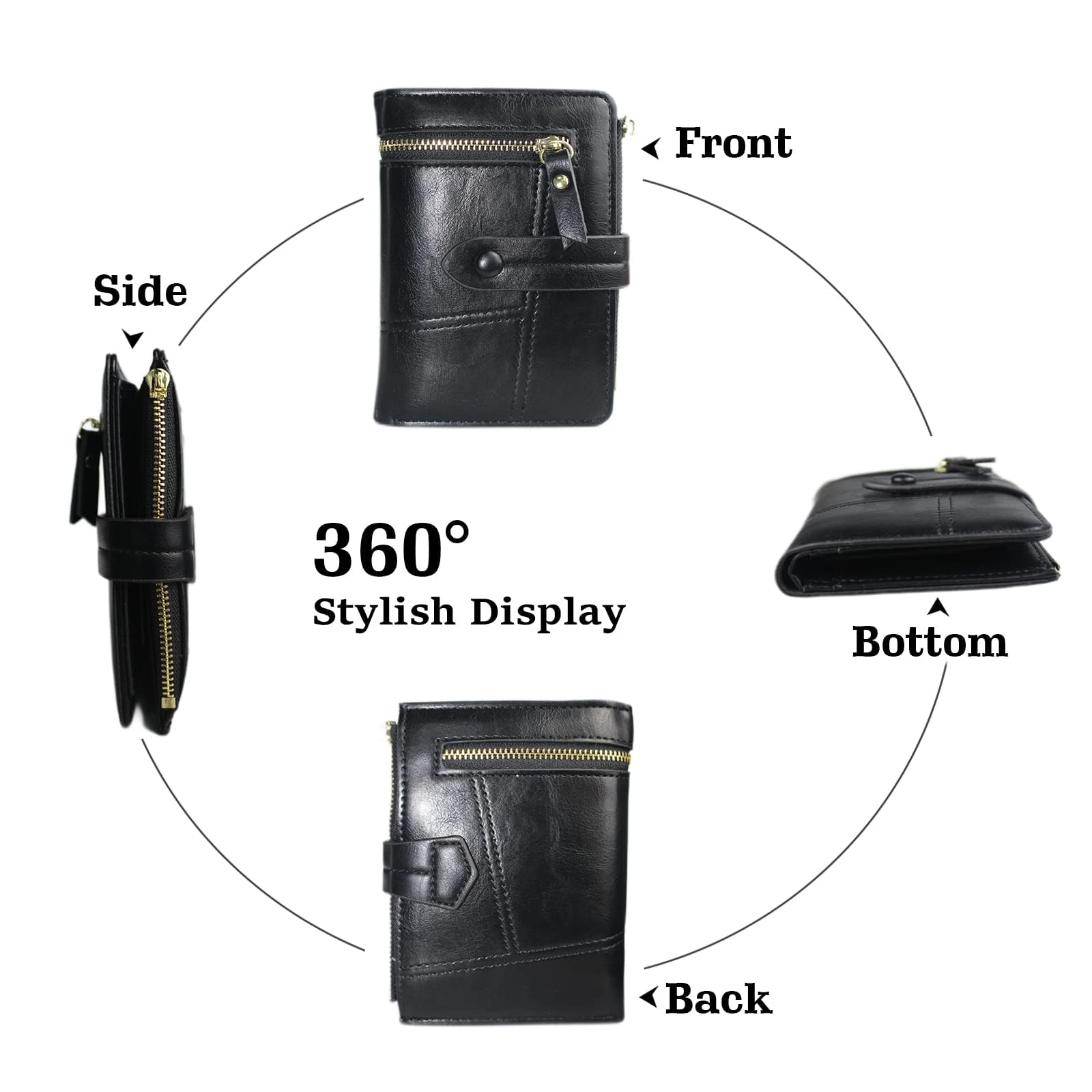 MEL JUN Small Wallet for Women Leather Bifold Compact Small Womens Wallet, Ladies Wallet (Black)