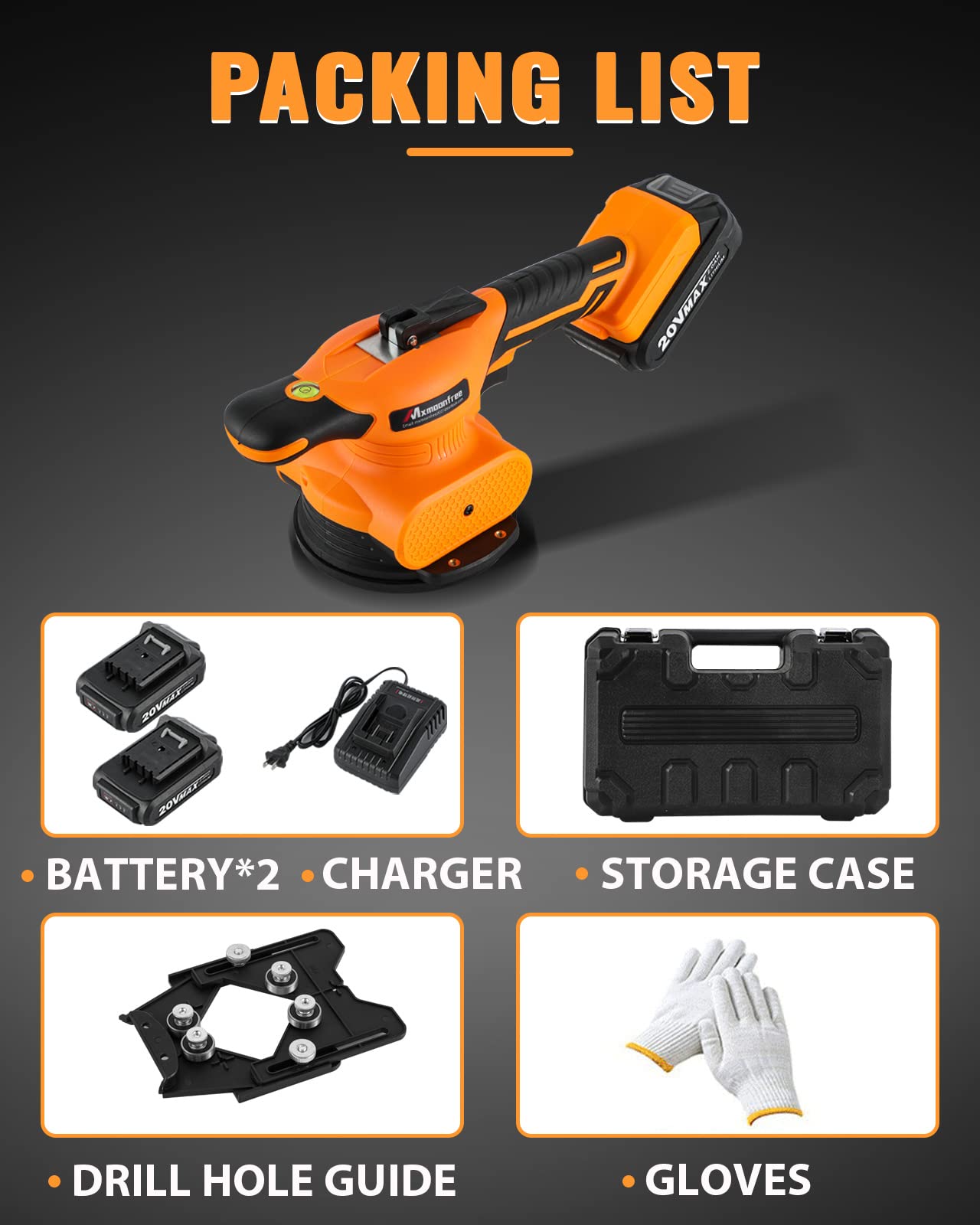 Mxmoonfree Tile Tools for Installation Tile Vibration Machine Vibrator Adsorption Lock Design with Drill Hole Guide, Suction Cup, Storage Case, 2 Pcs Battery 20V for Floor Wall Tiles