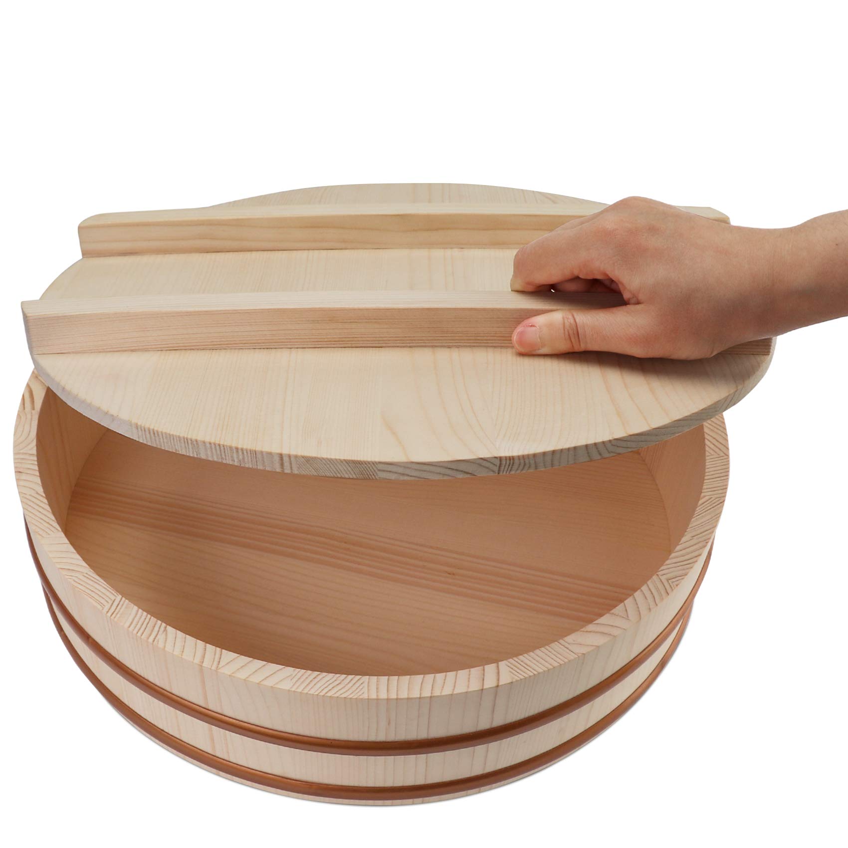 Kichgather Wooden Sushi Rice Bowl with Lid Hangiri Sushi Oke Sushi Rice Mixing Tub (11.8 β with lid)