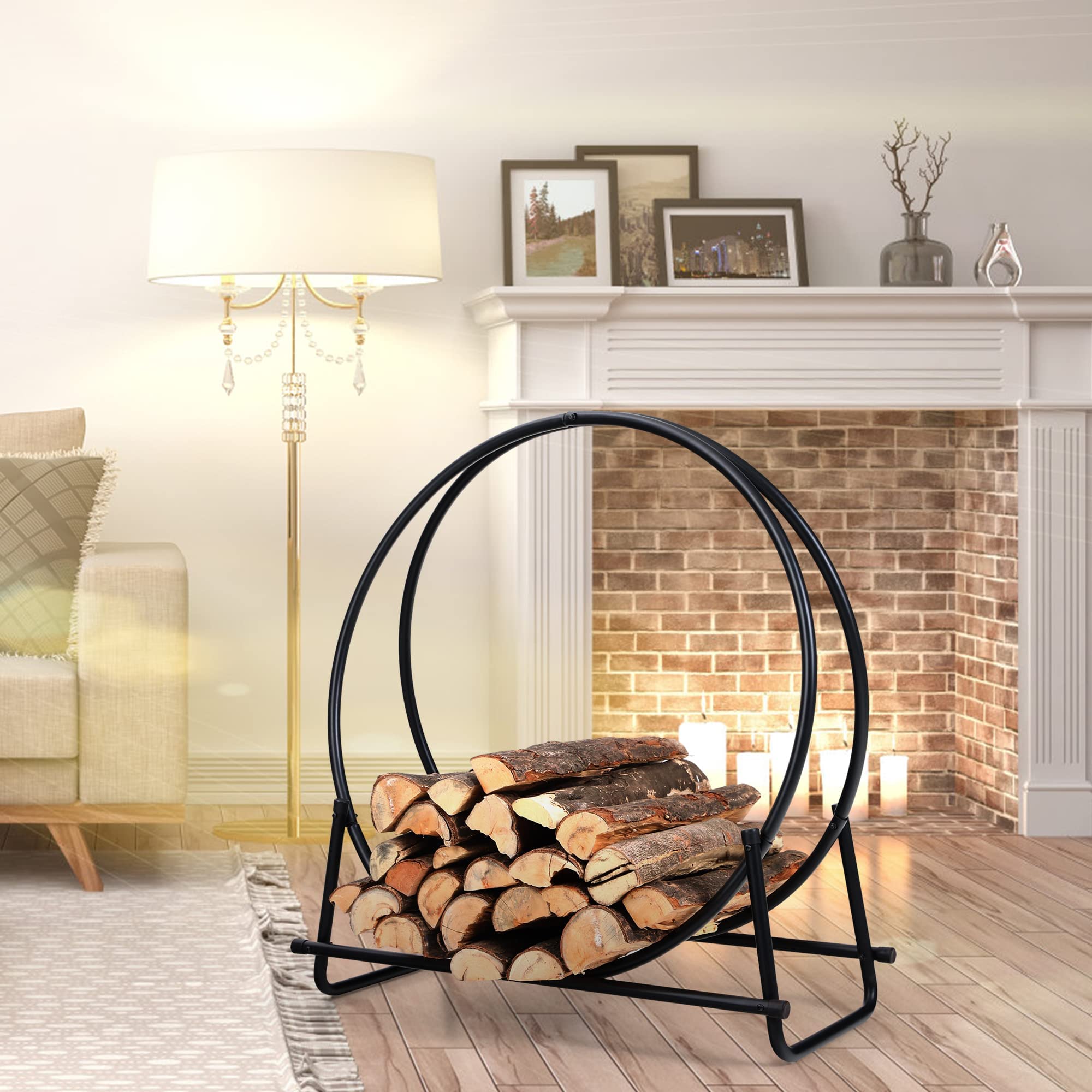 PHI VILLA 30 Inch Log Hoop Firewood Rack Curved Fireplace Wood Storage Holder Wood Stove Accessories,Indoor/Outdoor Heavy Duty Iron Black