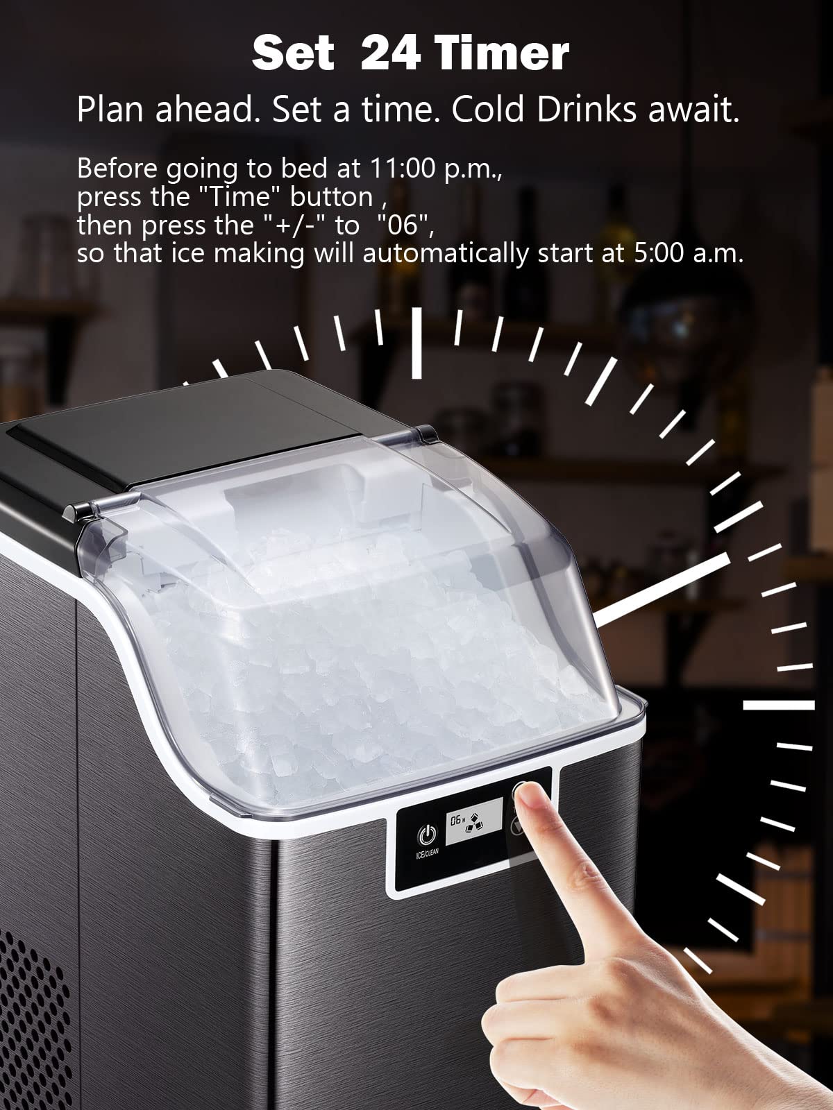 Kndko Nugget Ice Maker with Chewy Ice,High Ice-Making of 45lbs/Day/14,000pcs, Self-Cleaning,24-Hour Timer for Home Kitchen Bar Party,Bright Black Stainless Steel