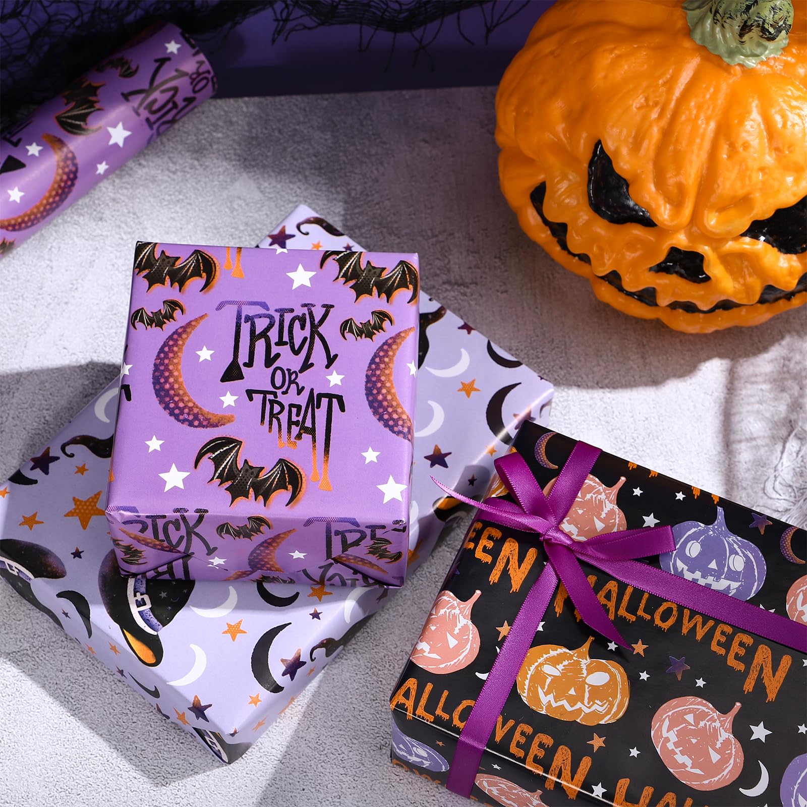 RUSPEPA Halloween Wrapping Paper Rolls - Mini Roll - Perfect for Halloween, Autumn, Holiday - 17 inches x 10 feet per Roll, Total of 3 Rolls - Bat, Pumpkin, Witch Hat