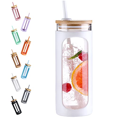 Kodrine 20oz Glass Water Tumbler with Straw and Lid,Bamboo Lids Water Bottle, Iced Coffee Cup Reusable, Wide Mouth Smoothie Cups, Straw Silicone Protective Sleeve BPA FREE-White