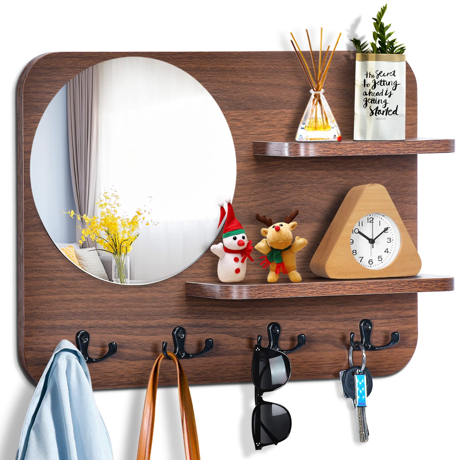 YeadCedle Coat Rack with Shelf Rustic Wooden Wall Mounted Hanging Coat Rack with Mirror Shelf and 4 Double Hooks Decorative Entryway Hook Shelf for Hallway Living Room Bedroom 16"x12" (Brown S)