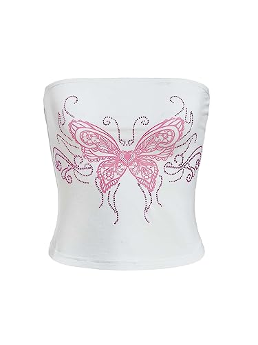SOLY HUX Women's Rhinestone Butterfly Print Y2K Crop Tops Sleeveless Strapless Summer Bandeau Tube Top White Butterfly S