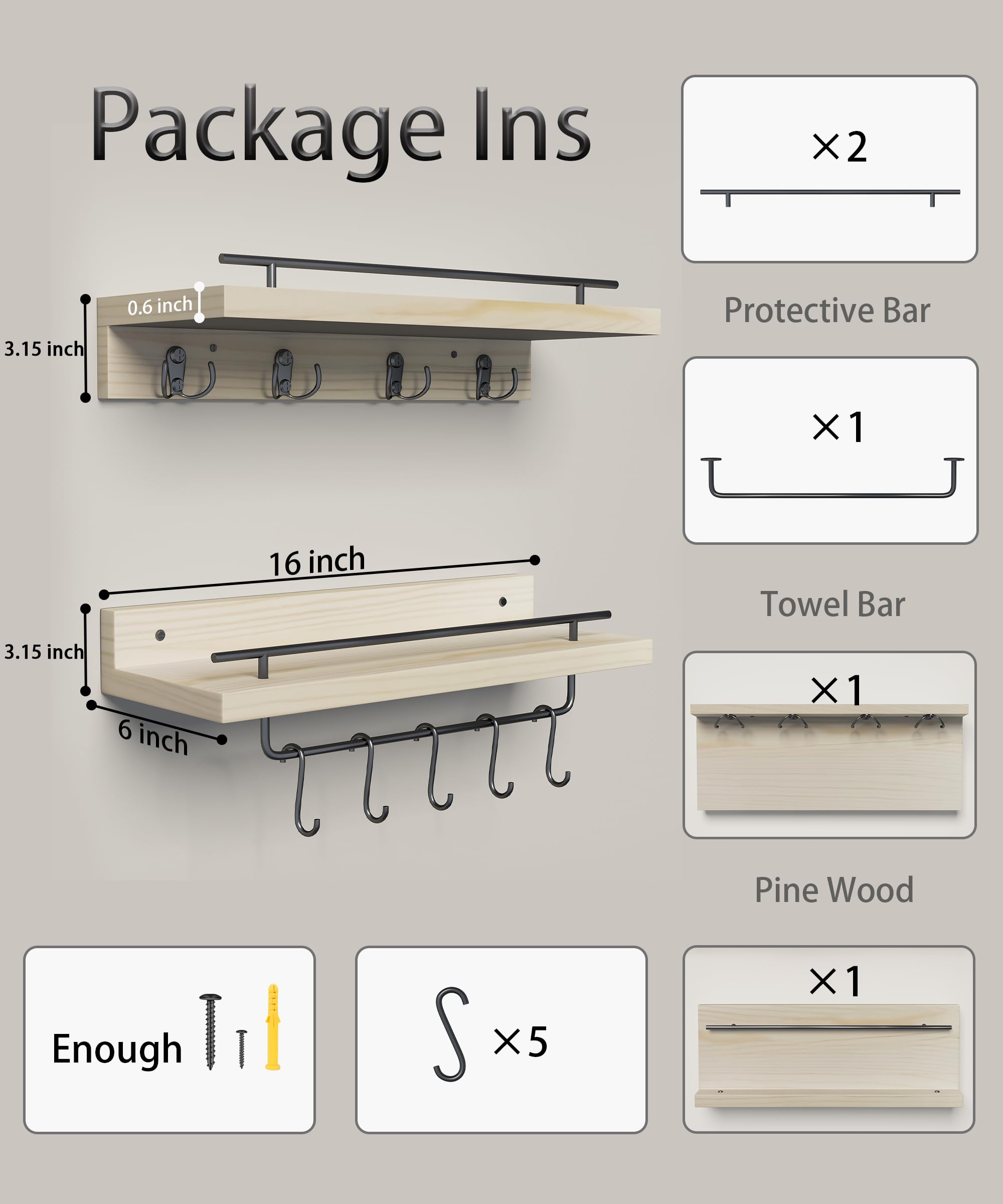 Wood Floating Shelves with Hooks, Wall Mounted Coat Rack with Shelf Set of 2, Bathroom Wall Shelf with Removable Towel Bar, Hanging Shelves with 9 Hooks for Kitchen Entryway Coffee Bar, Maple Wood