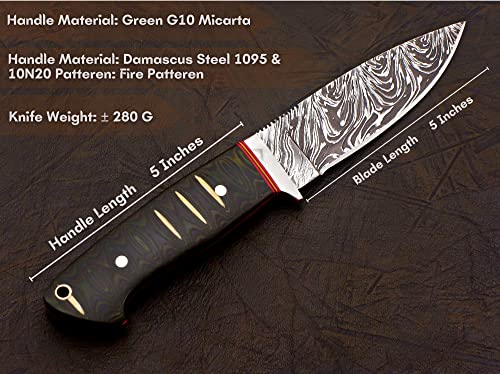 Handmade Damascus Hunting Knife with Sheath for Belt – 10 inches Fixed Blade full tang 1095 steel knife with Green Micarta Handle