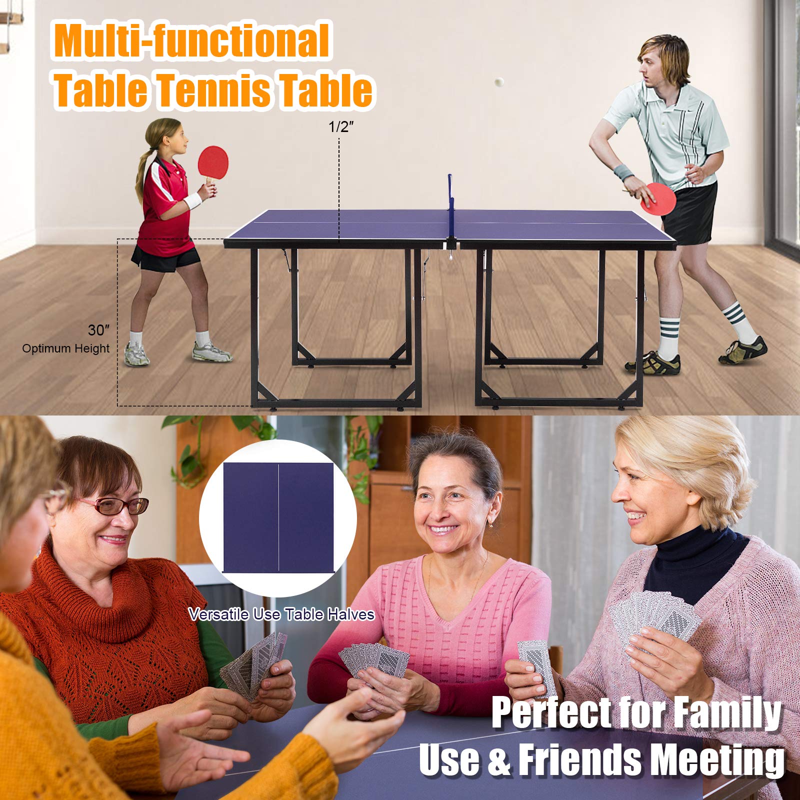 GYMAX Folding Table Tennis Table, Portable Free Installation Mini Ping Pong Table with Net, Instant Set up Table Tennis Table Kit for Indoor/Outdoor (Blue)