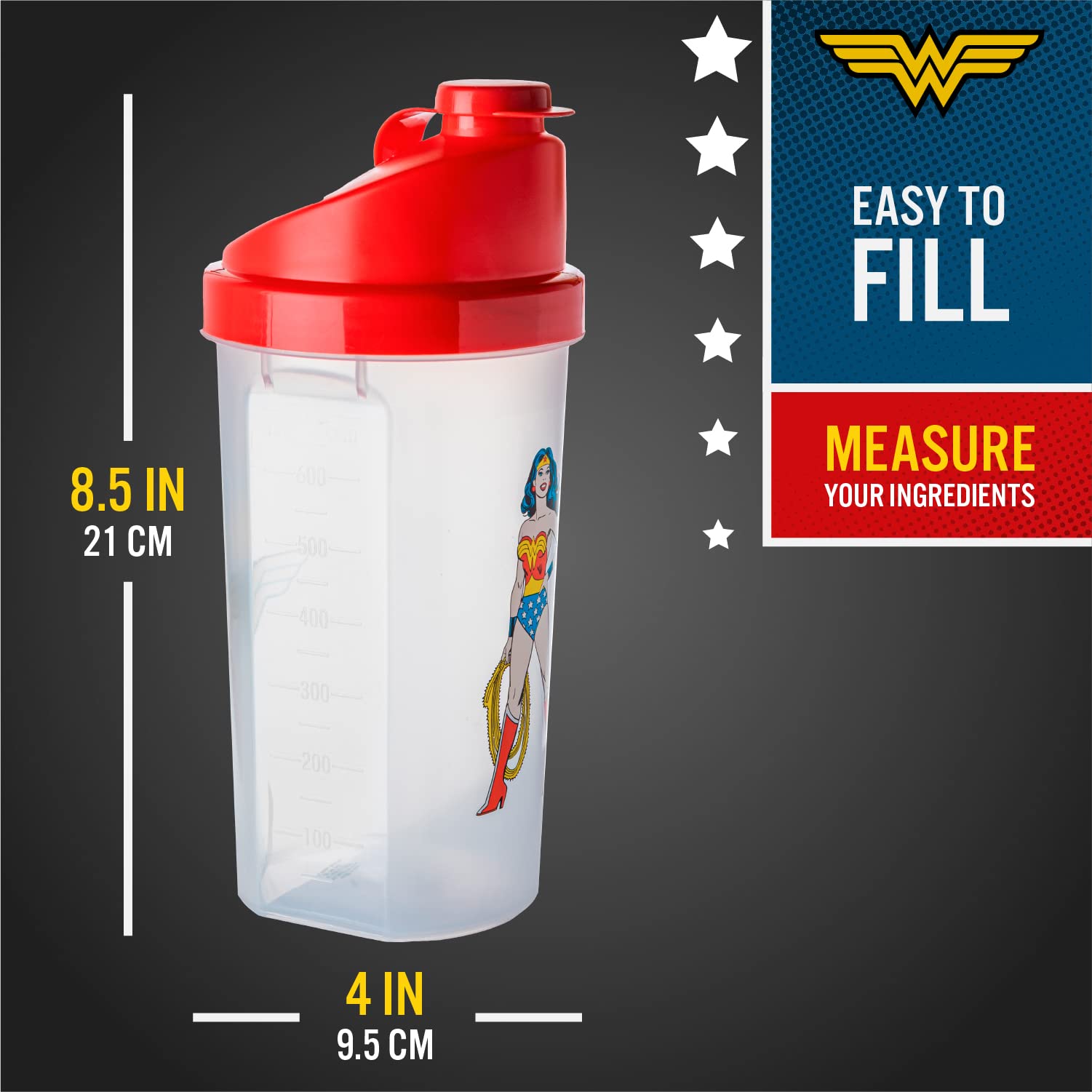 Paladone Wonder Woman Protein Shaker Bottle, 23 oz, Officially Licensed DC Comics Blender Cup