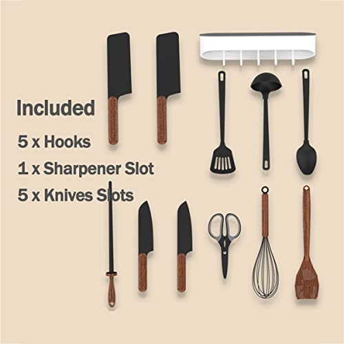 Knife Block Holder Wall, Knife Organizer Storage Shelf Rack Bar with Slots, Sharpening Rod Hooks for Kitchen Cooking White