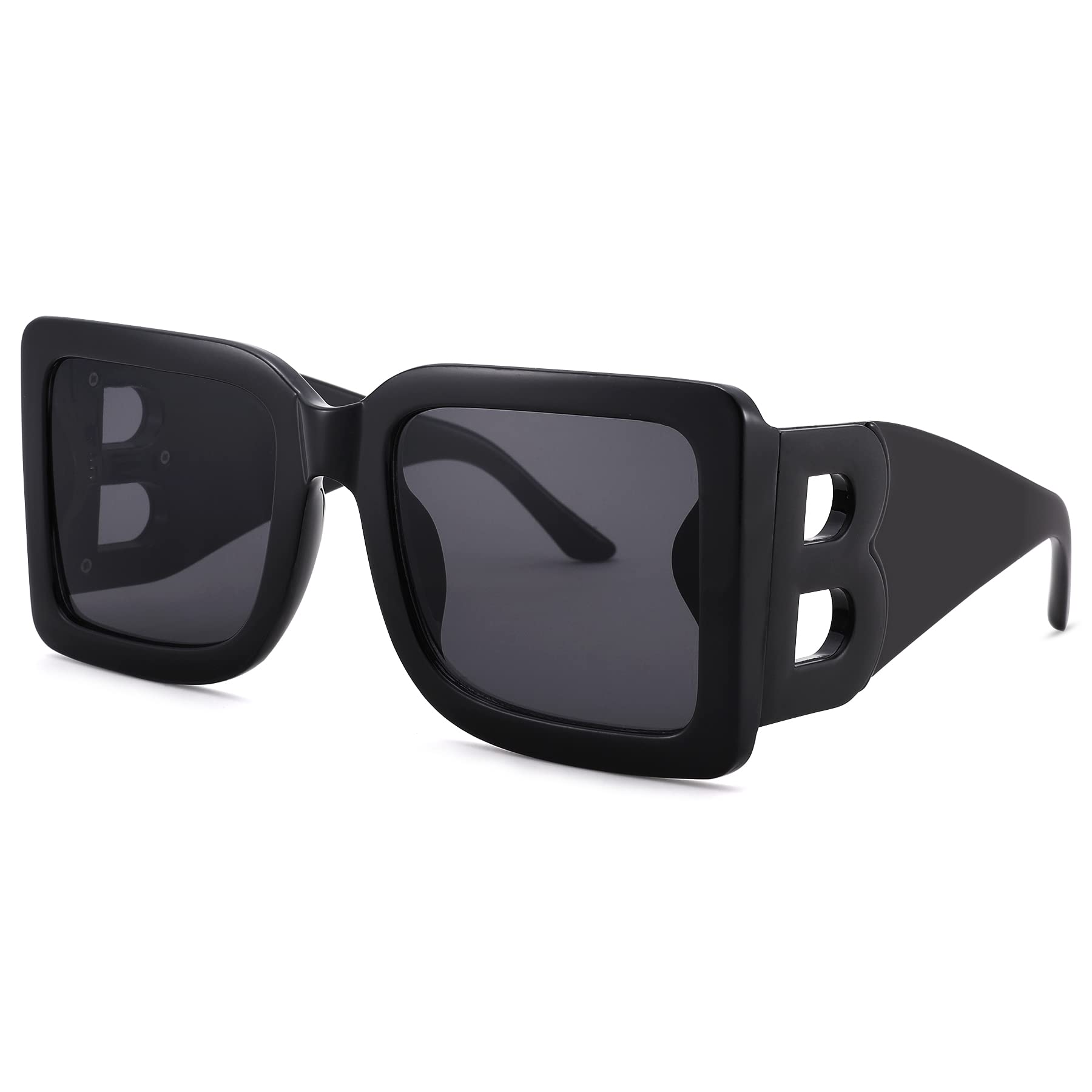 Melpomenia Trendy Oversized Square Sunglasses for Women Men Fashion Black Thick Big Frame Luxury Designer Sun Glasses (Black/Grey/Black Character)