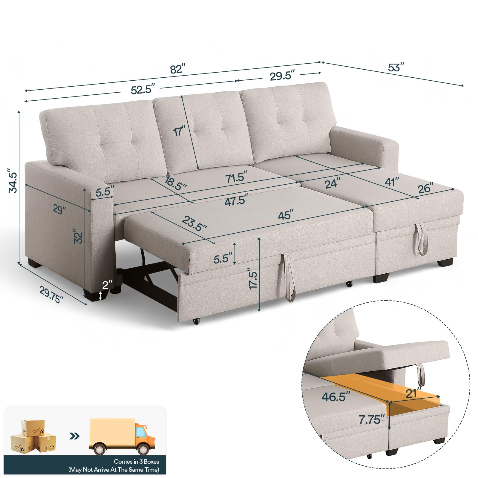 Skepphlay L Shaped Couch Sleeper Sectional Sofa Pull Out Sofa Bed Convertible Sleeper Sofa with Storage for Home Living Room, Beige