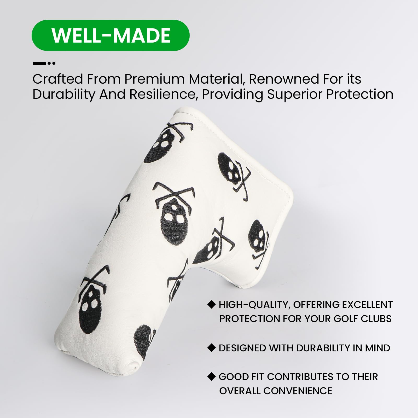 Golf Putter Head Covers Blade Club Headcover PU Leather Protector Cover Black White Fits All Putters for Men Women (White-Bones)