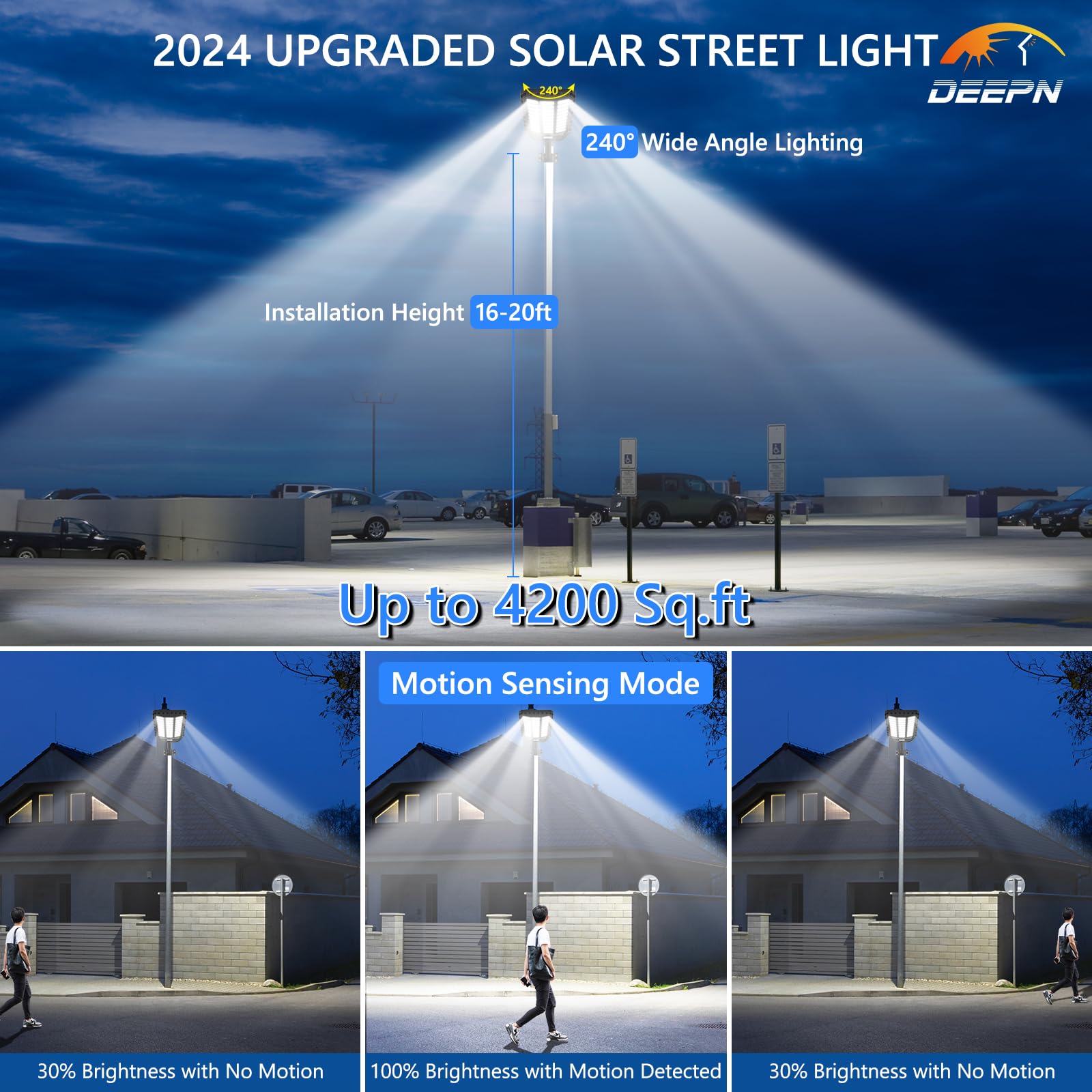 Solar Street Lights Outdoor, Solar Parking Lot Lights Commercial Grade 420000 Lumens Solar Lights Outdoor Waterproof Dusk to Dawn Motion Sensor with Remote Control, 4 Pack