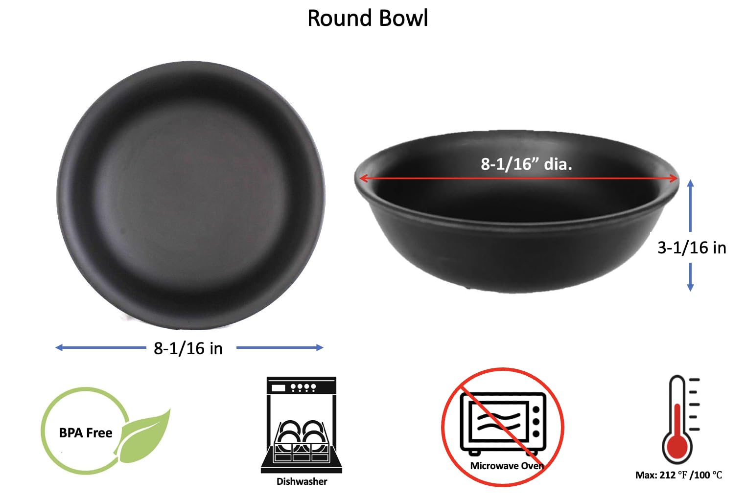 Lucky Star Melamine Round Bowls Set Ramen Vietnam Pho Noodles Soup Bowls, 8-1/16"dia. X 3-1/16” H (Capacity: 48 oz), Black (24)