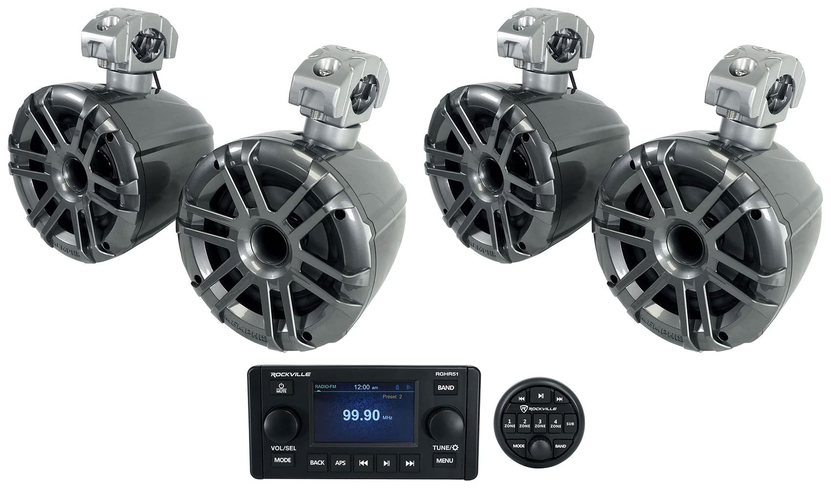 Memphis Audio 4 MXA62TG 6.5" Marine Wakeboard Tower Speakers/LED+Swivel Grey Bundle with Rockville RGHR51 5 Zone Single Din Marine Receiver (5 Items)