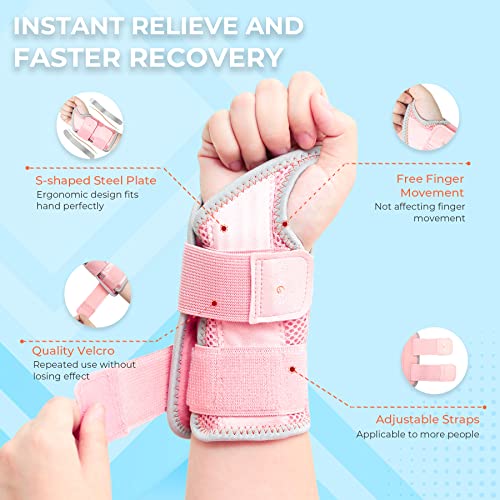 New Updated Carpal Tunnel Wrist Brace, Breathable Wrist Splint for Men & Women, Wrist Brace Night Support with 2 Adjustable Straps, Hand Brace for Tendonitis, Arthritis (Right Hand-Pink, S/M)