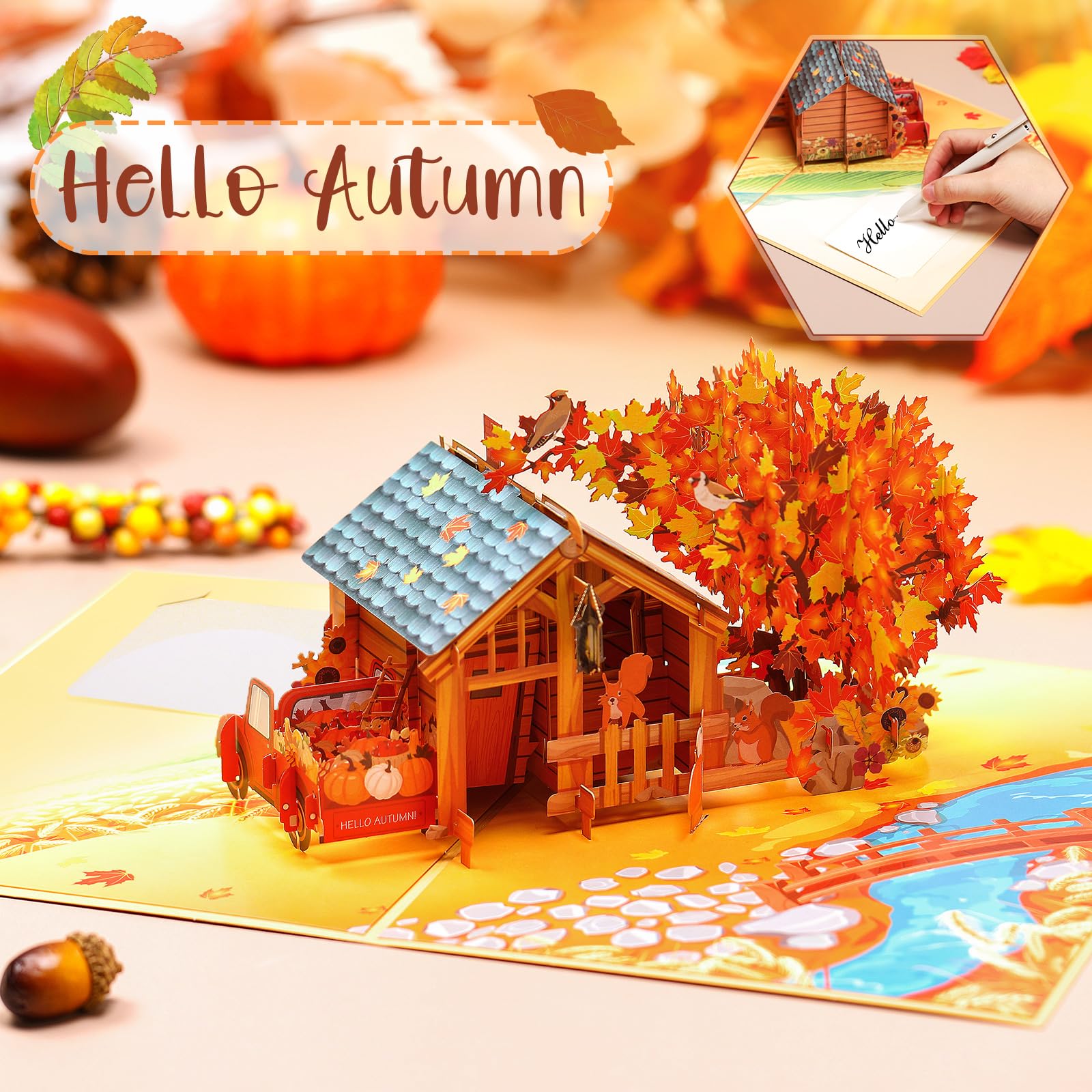 Teling 3D Thanksgiving Pop Up Card Fall Greeting Card with Envelope Handcrafted Cozy Autumn Farmhouse with Maple Tree Pumpkin Squirrel Thinking of You Hello Autumn 9" x 6.3" Cover