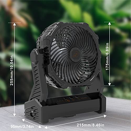Portable Rechargeable Fan with Light, 10000mAh Battery Operated Tent Fan with Light & Hook, 270° Pivot, 3 Speeds, Personal USB Table Fan for Camping, Power Outage, Hurricane, Jobsite