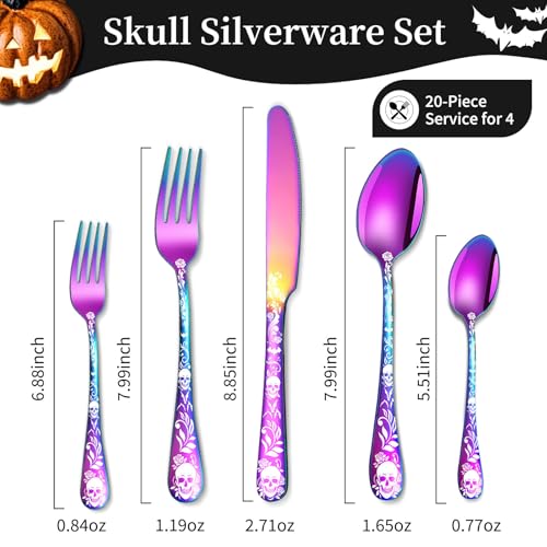 Skull Rainbow Silverware Set, Skeleton Flatware Set, Halloween Silverware Set, Gothic Unique Skull Pattern Design, Stainless Steel Silverware, Dishwasher Safe (20, Rainbow)