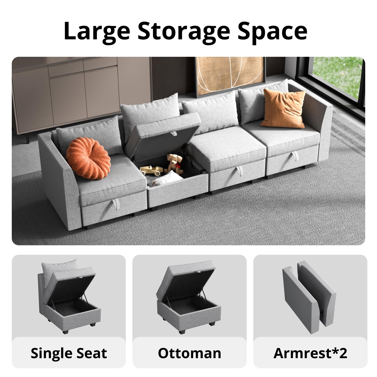 Skyday Modern Fabric Ottoman Module for Modular Sofa Customizable Sectional Sofa Couch Accent Armless Chair, Grey