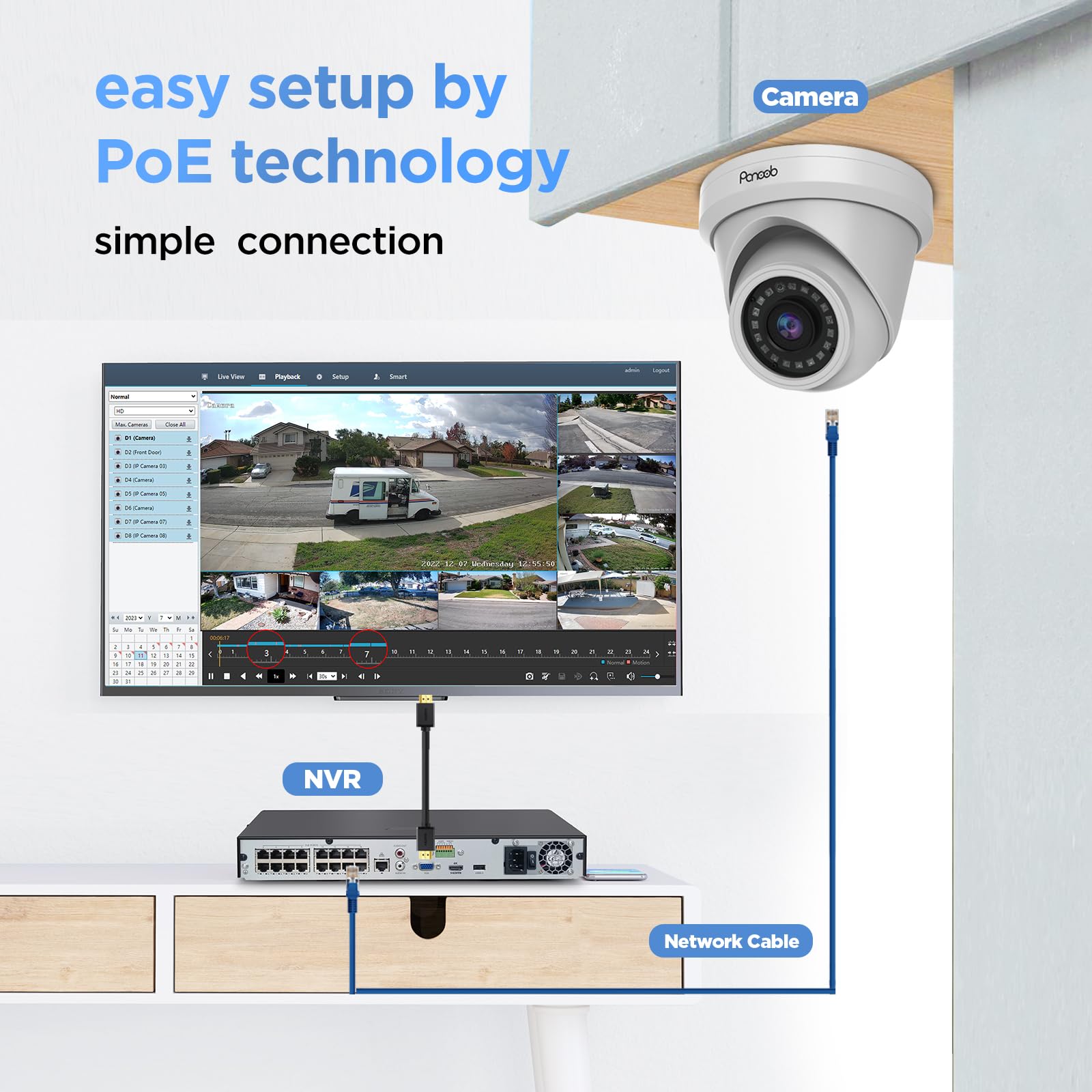 PANOOB 8 Camera Security System, 4K 16 Channel NVR 4TB HDD,(8) Outdoor 6MP Surveillance Dome IP POE Cameras Wired with Mic, AI Person Vehicle Detection,100ft IR Night Vision,Wide Angle, PD0816-6M