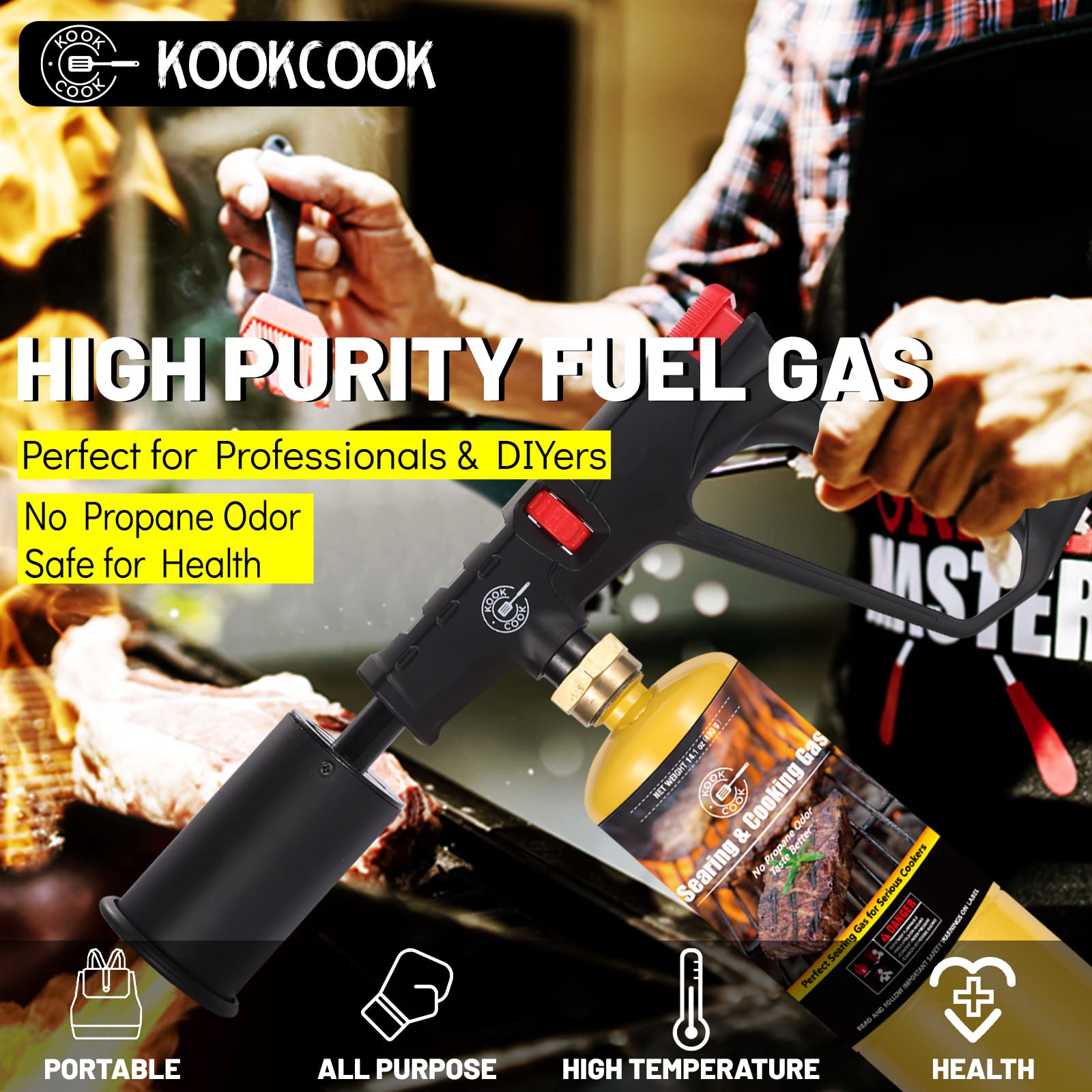 KookCook Cooking Grill Torch Kit with 14.1 oz Fuel Gas Cylinder Sous Vide Blowtorch MAPP MAP Pro Propane Torch Food Kitchen Grilling Gun Culinary BBQ Tool for Searing Outdoor Camping Charcoal Starter