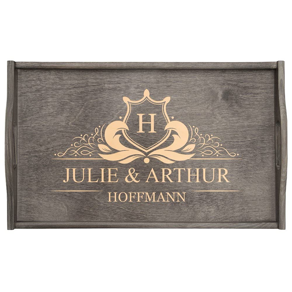Maverton Personalized Bed Tray for Couples - Engraved Serving Tray for Wedding - Wooden Breakfast Table for Pair - Gray Tray with Foldable Legs for Them - for Anniversary - Couple