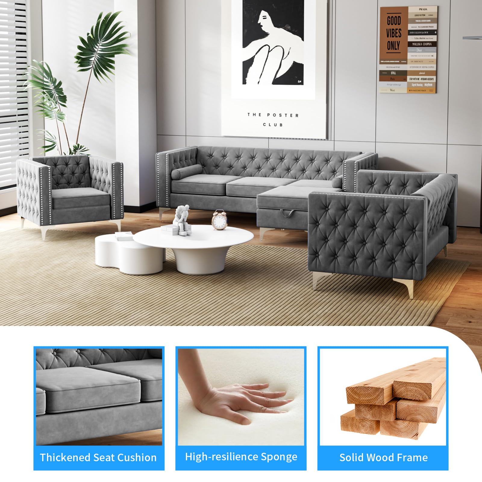 PUREMIND Convertible L-Shaped Sectional Sofa, Velvet 3-Seater Sectional Couch with Movable Storage Ottoman, Button Tufted Reversible L Couches for Living Room Apartment - Grey