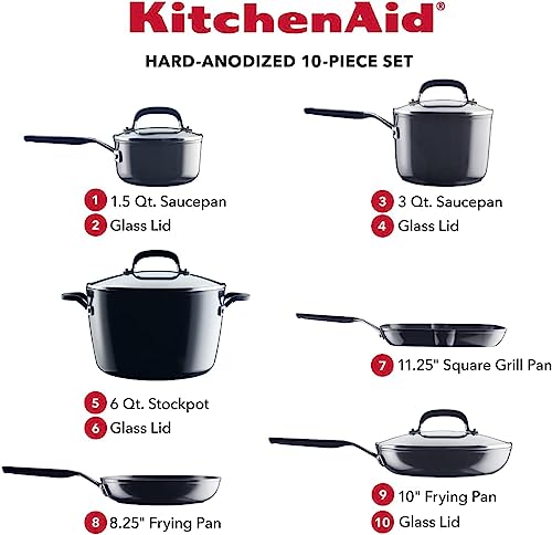 KitchenAid Hard Anodized Nonstick Cookware Pots and Pans Set, 10 Piece, Onyx Black