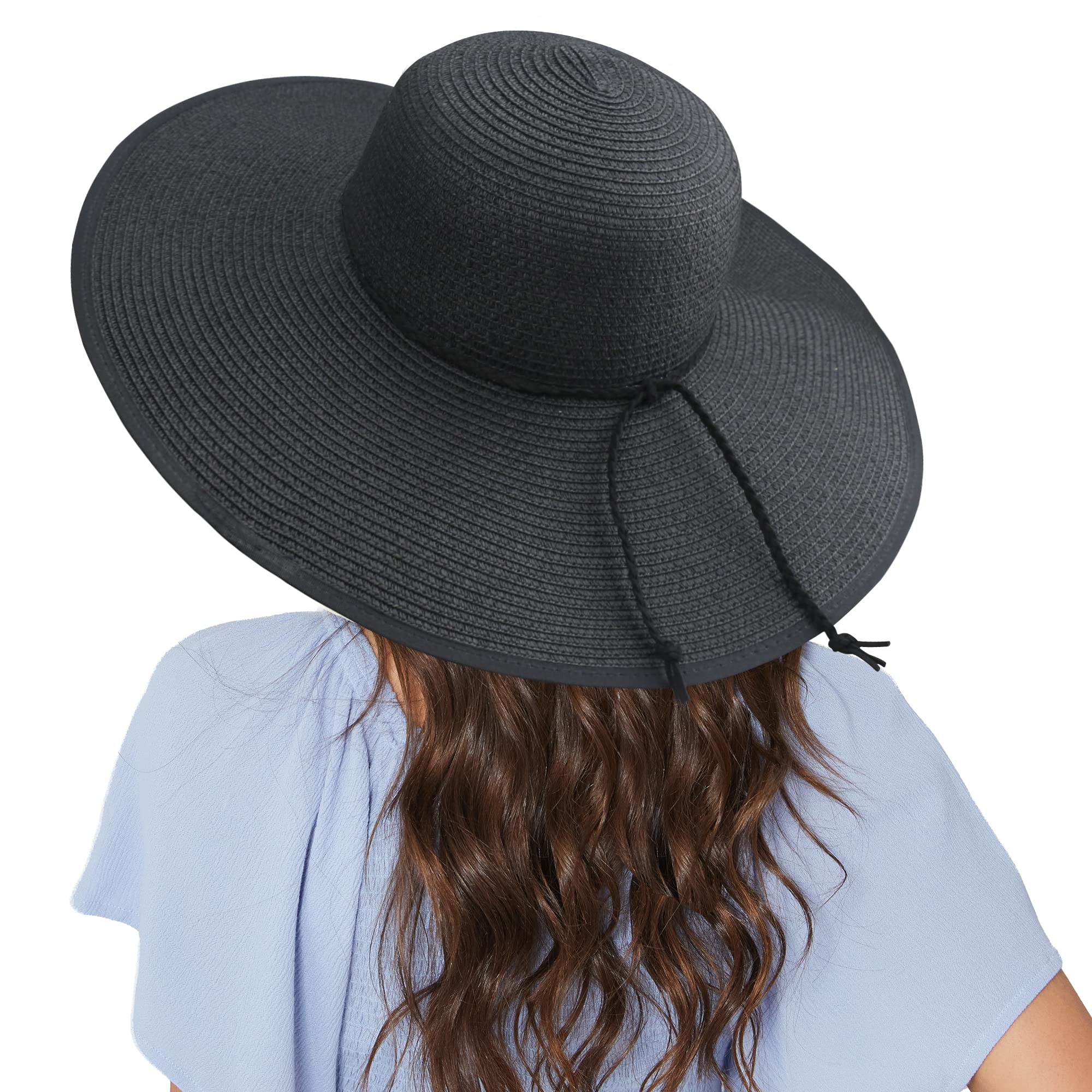 IRIS CRAFT Wide Brim Beach Sun Straw Hat Women UV UPF50 Travel Floppy Summer UV Hat, Black & Braids