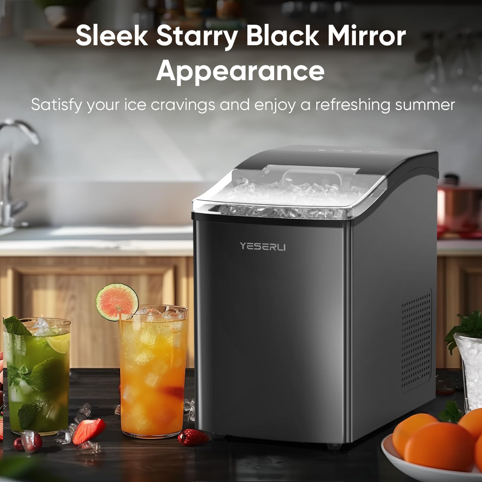 YESERLI Nugget Ice Maker,40lbs/Day Soft Chewable Pellet Countertop Ice Maker with Self-Cleaning Function,Ice Machine with Ice Scoop&Basket,One-Click Operation Pannel for Home,Office,Party,RV,Black