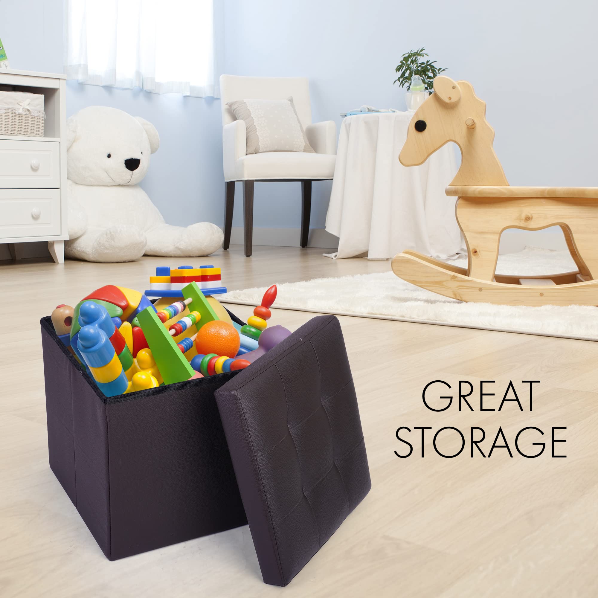 LotFancy Storage Ottoman Cube, Brown Foot Stool Ottoman,13x12x12 inch Square Ottoman with Lid, Faux Leather Seat for Dorm