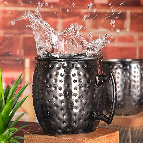 LINALL Moscow Mule Mugs- Set of 4 Gunmetal Black Plated Stainless Steel Mug 18oz, Measuring Cup, Cocktail Picks for Chilled Drinks (4pcs)
