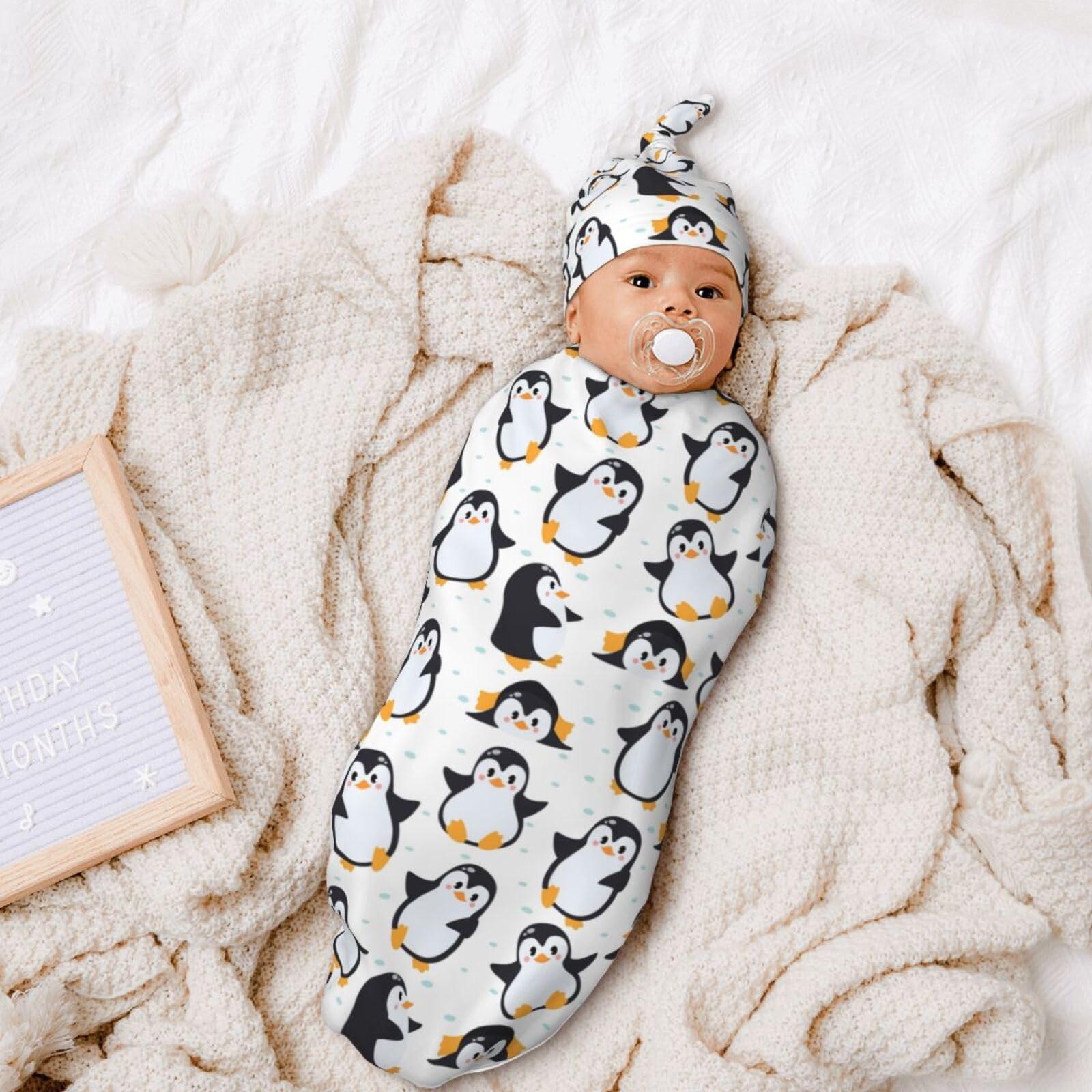 Qwalnely Swaddling Blanket for Baby, Sleeping Sacks, Unisex Baby Stuff with Hat, Penguin