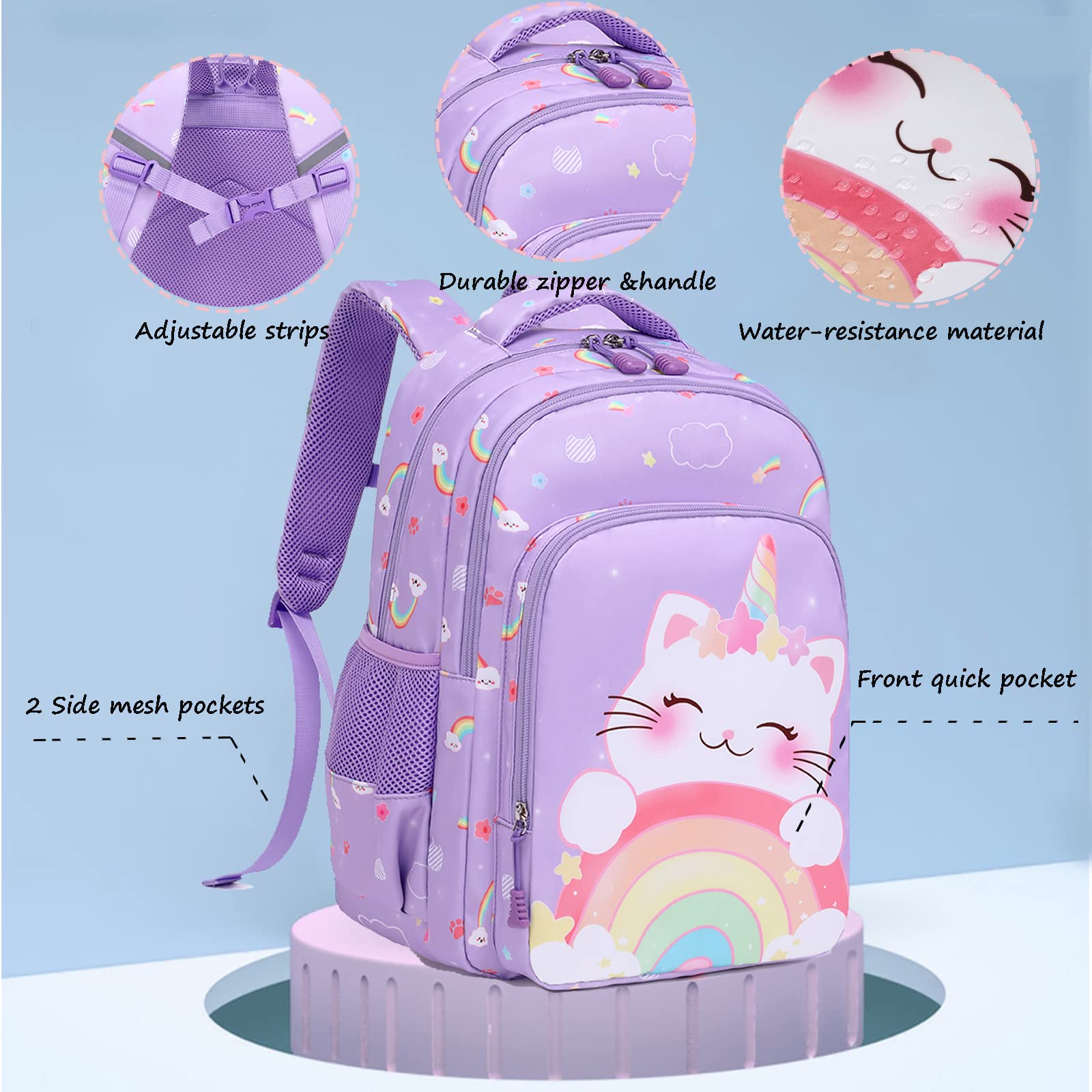 Jumpopack Unicorn Backpack for Girls School Backpack for Elementary Girls Backpack with Lunch Box Lightweight Water Resistance School Bag Preschool Kids Bookbag,Unicorn Cat