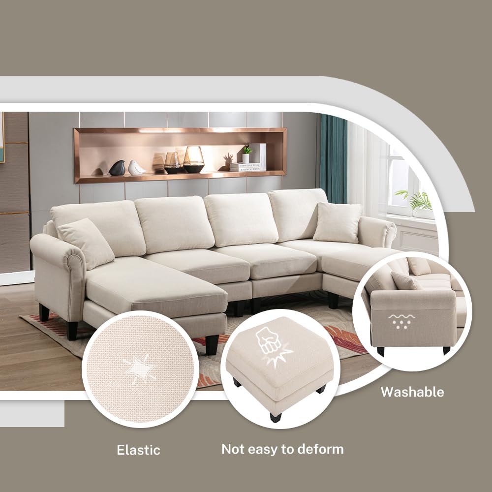 STLVUEO Modern Sectional Sofa, Living Room Combo Sofas Couch, L-Shaped Couches Chaise Lounge Sofa with Ottoman Set, Plastic Feet, for Living Room, Office, Studio, Condo, Beige