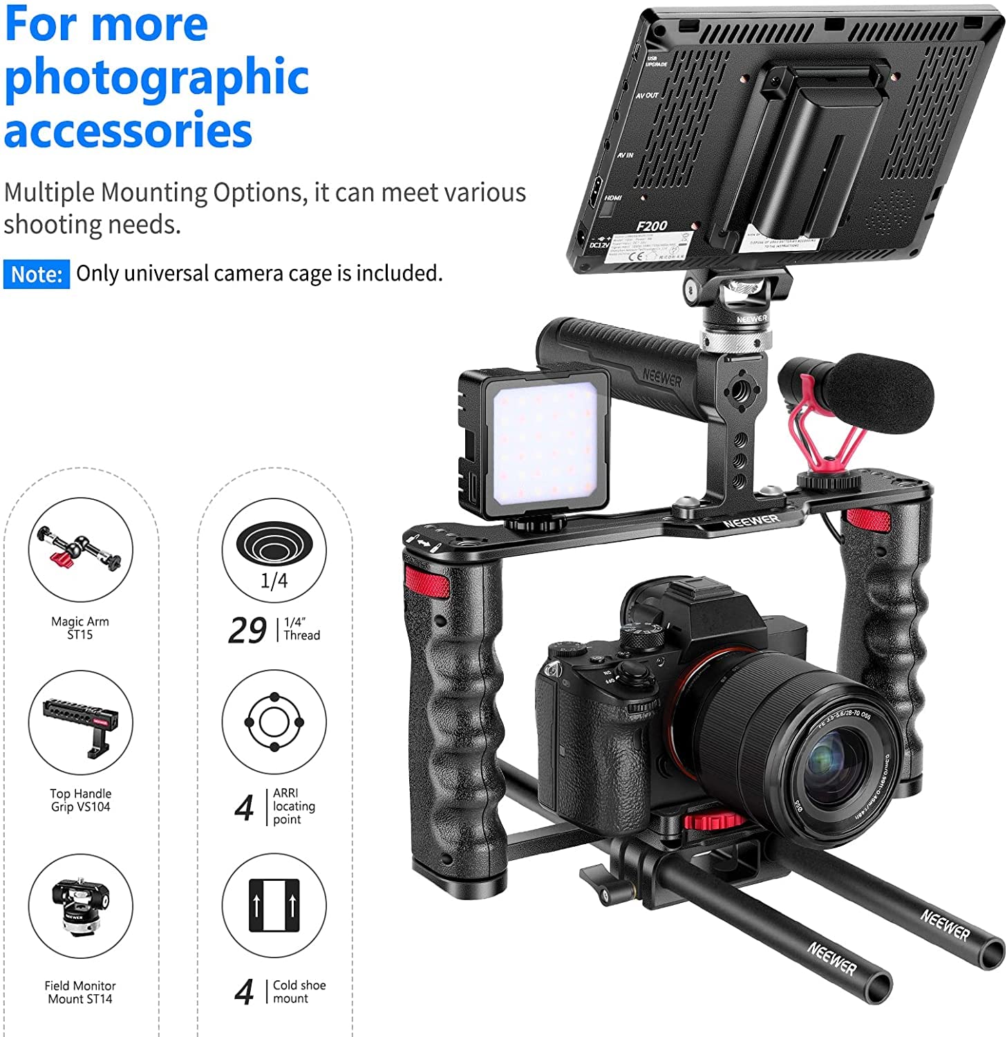 NEEWER Aluminum Alloy Camera Cage, Filmmaking Rig with Top Handle, Dual Grips, Standard Arca Type Base, Compatible with Sony A7S III A7IV A6600 Canon EOS R5C R5 R6 DSLR/Mirrorless Cameras - VS107