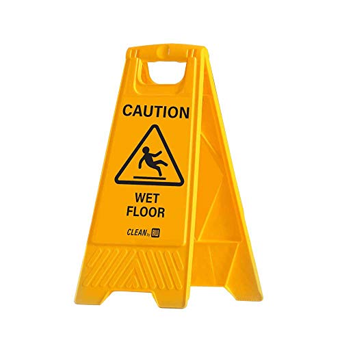 Restaurantware Clean 11.8 x 2 x 24.4 Inch Wet Floor Sign, 1 Double-Sided Caution Sign - Built-In Handle, Foldable, Yellow Plastic Cleaning Signs, For Commercial Use