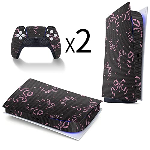Pink Ribbons on Black Full Protective Skin Cover Design Wrap Decal Sticker Compatible with PS5 Digital Edition Console and Controller