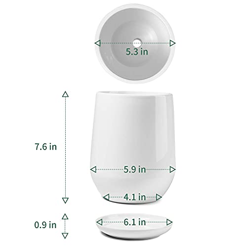 POTEY White Planter Pots for Plants Indoor - 5.3 Inch Glazed Ceramic Plant Pot with Drainage Hole & Saucer for Plants Home Decor 050301, Plants NOT Included