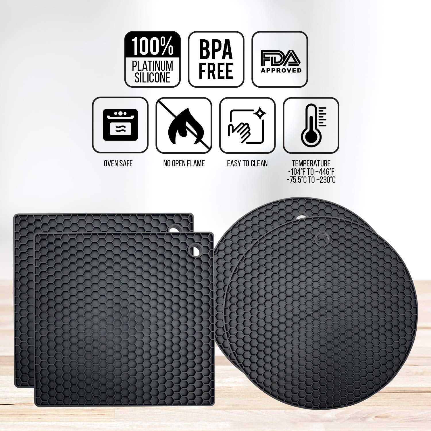 KITCHENATICS Trivets for Hot Dishes, Silicone Trivets for Hot Pots & Pans, Hot Pads for Kitchen, Pot Holders for Kitchen Heat Resistant Mats for Countertop, Silicone Trivet Mat Hot Plates, Black 4Pcs