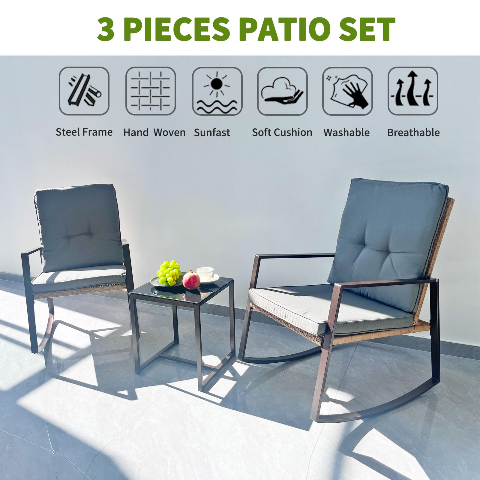 VSMKSJ 3 Pieces Patio Rocking Chairs Set of 2, Outdoor Wicker Patio Sets Conversation Coffee Table for Front Porch,Balcony,Garden,Poolside,Washable Cushion (Grey)