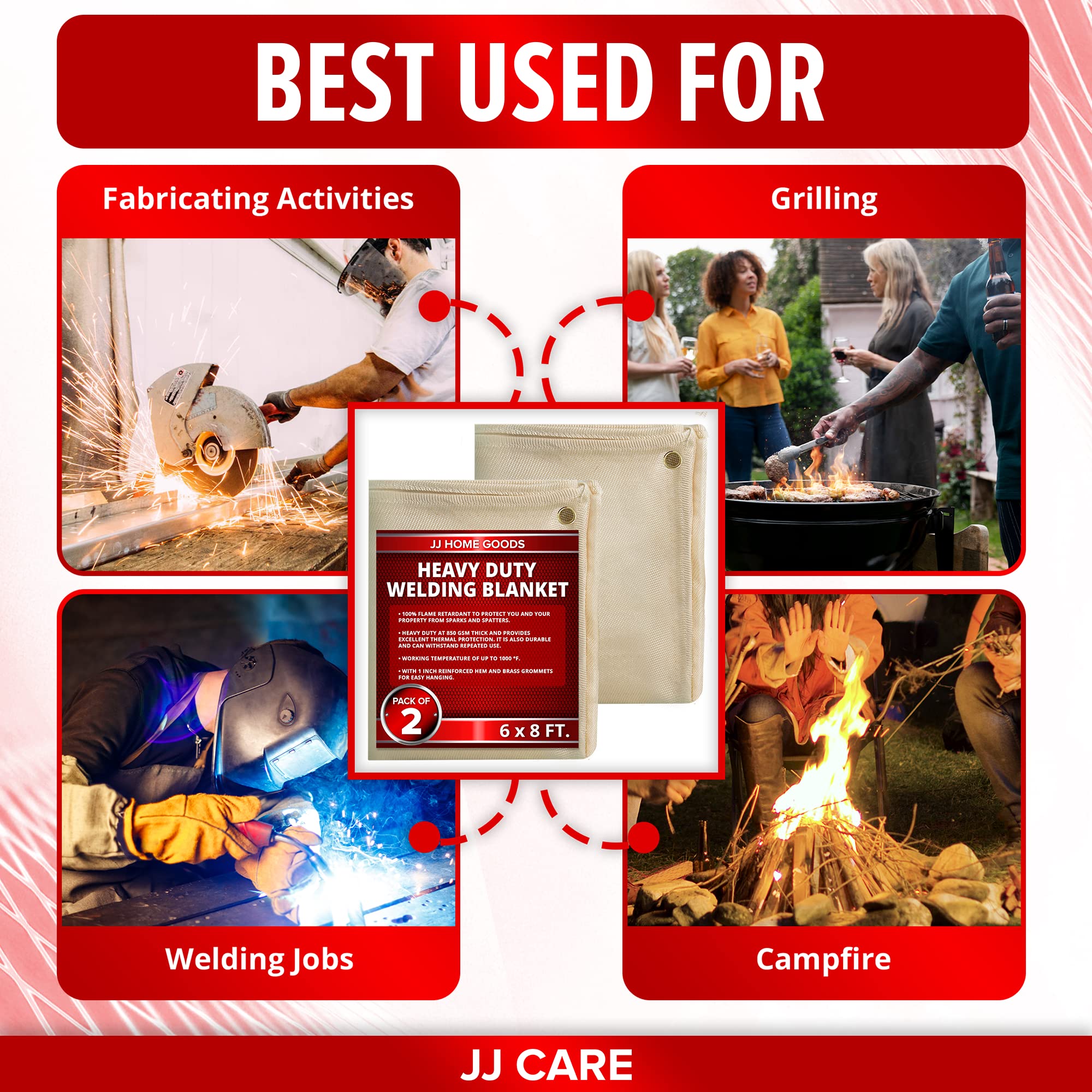 JJ CARE Welding Blanket - 2 Packs 6ft x 8ft Welding Mat - 850GSM Fiberglass Welding Blanket with Brass Grommets, Welders Blanket for Grill, Smoker Welding Blanket Heavy Duty, Welding Tarp & Shield