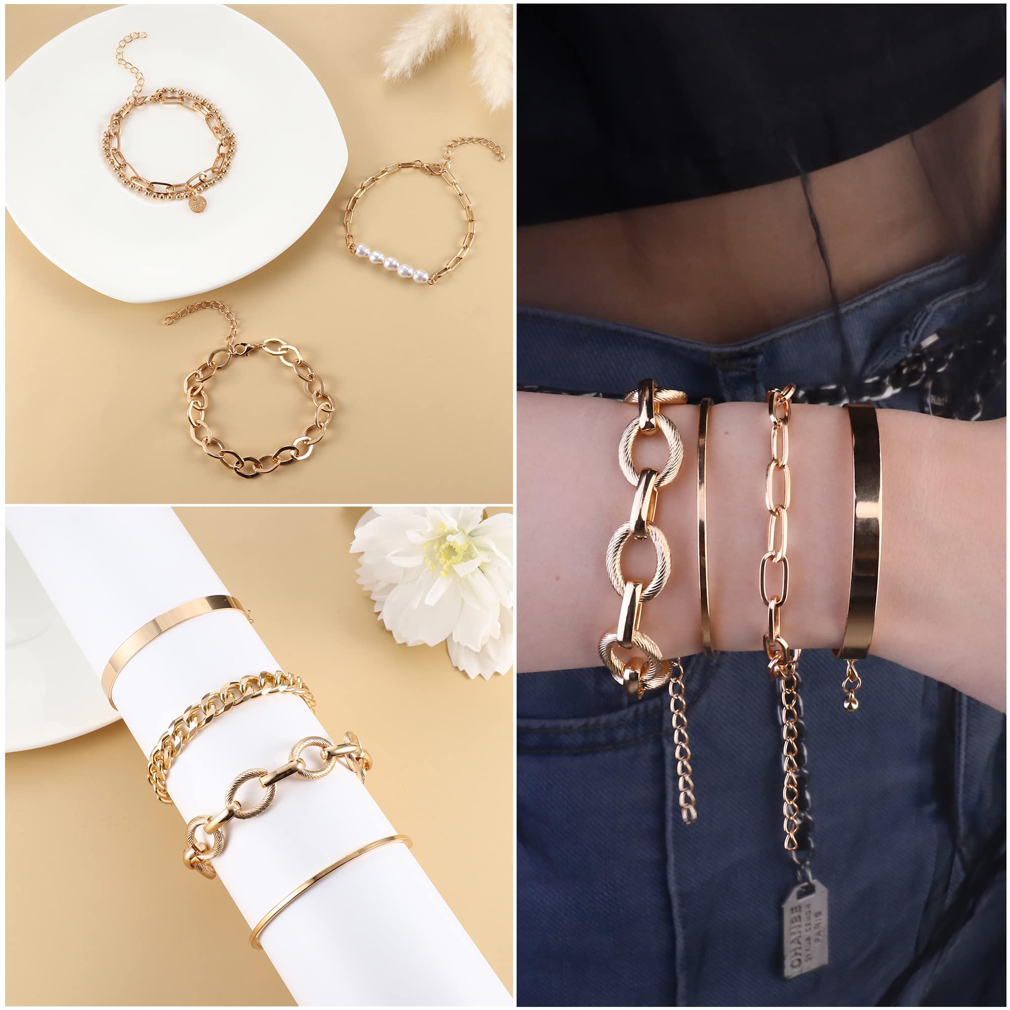 IRONBOX 35 Pcs(8 PACK) Boho Gold Chain Bracelets Set for Women Multiple Layered Stackable Open Cuff Wrap Bangle Adjustable Fashion Paperclip Link Italian Cuban Jewelry for Women Gift