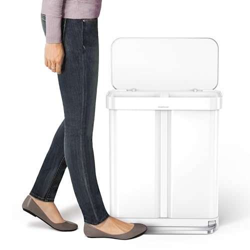 simplehuman Large Kitchen Double Trash Can with Lid, Touchless, Recycle Bin + Waste Basket, 58 Liter / 15.3 Gallon, White Stainless Steel