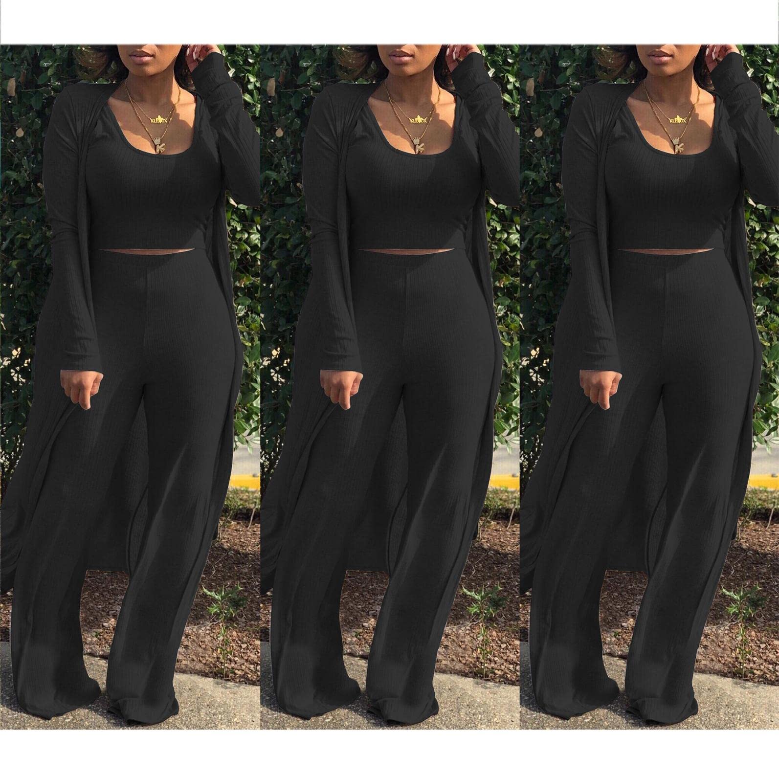 HANMAX Women's Tracksuit Winter Autumn Knitted Long-sleeved Blazer Coat Tank Long Pants Three Piece Sets Outfit